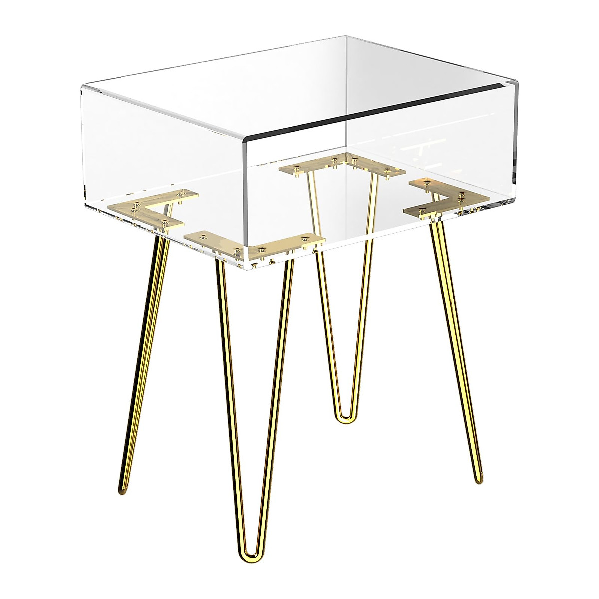 HMYHUM Small Acrylic Nightstand with Metal Legs, 15.6'' L x 11.6'' W x 19.5'' H, Bedside Table for Small Spaces for Bedroom, Easy Assembly, Modern, Clear & Gold