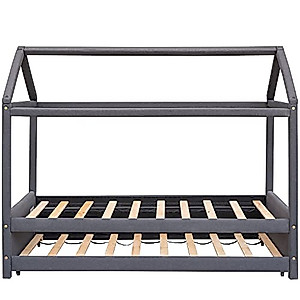 Lostcat Twin Size Upholstered House Platform Bed with Trundle,Twin Bunk Bed with Roof Design for Kids, Teens, Girls, Boys,No Box Spring Required,Grey