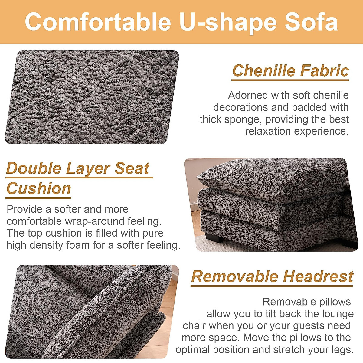 Chenille U Shaped Modular Sectional Sofa,6 Seat Couch 7 Deap Seats Corne, Oversized Convertible Upholstery,Symmetrical Sofa Cloud Couches with Double Chaise for Living Room Apartment (Grey)