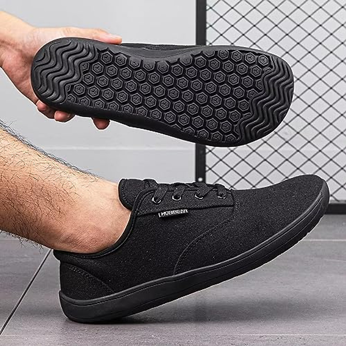 Mens Barefoot Shoes Canvas Wide Toe Box Minimalist Zero Drop Sole Sneakers Minimus Extra Width Fit Gym Tennis Walking Trail Road Running Outdoor Casual Comfort Male Size 10 10W All Black