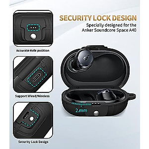 [Newest Secure Lock] Alquar for Anker Soundcore Space A40 Case Cover, Silicone Protective Scratch Shock Cover ONLY Compatible with Anker Soundcore Space A40 Earbuds Charging Case with Carabiner(Black)