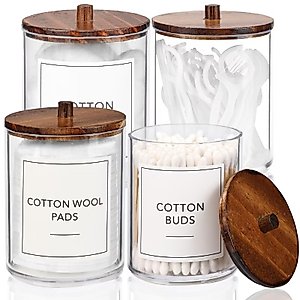 Temoyj 4 Pack Qtip Holder Dispenser with Wood Lids - 10 oz Clear Plastic Apothecary Jar Containers for Vanity Makeup Organizer Storage - Bathroom Accessories Set for Cotton Swab,Pads, Ball, Floss