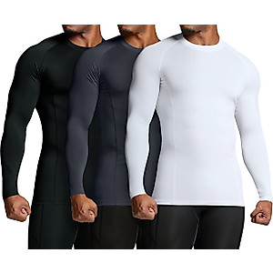 ATHLIO Men's UPF 50+ Long Sleeve Compression Shirts, Water Sports Rash Guard Base Layer, Athletic Workout Shirt, 3pack Black/Charcoal/White, Medium