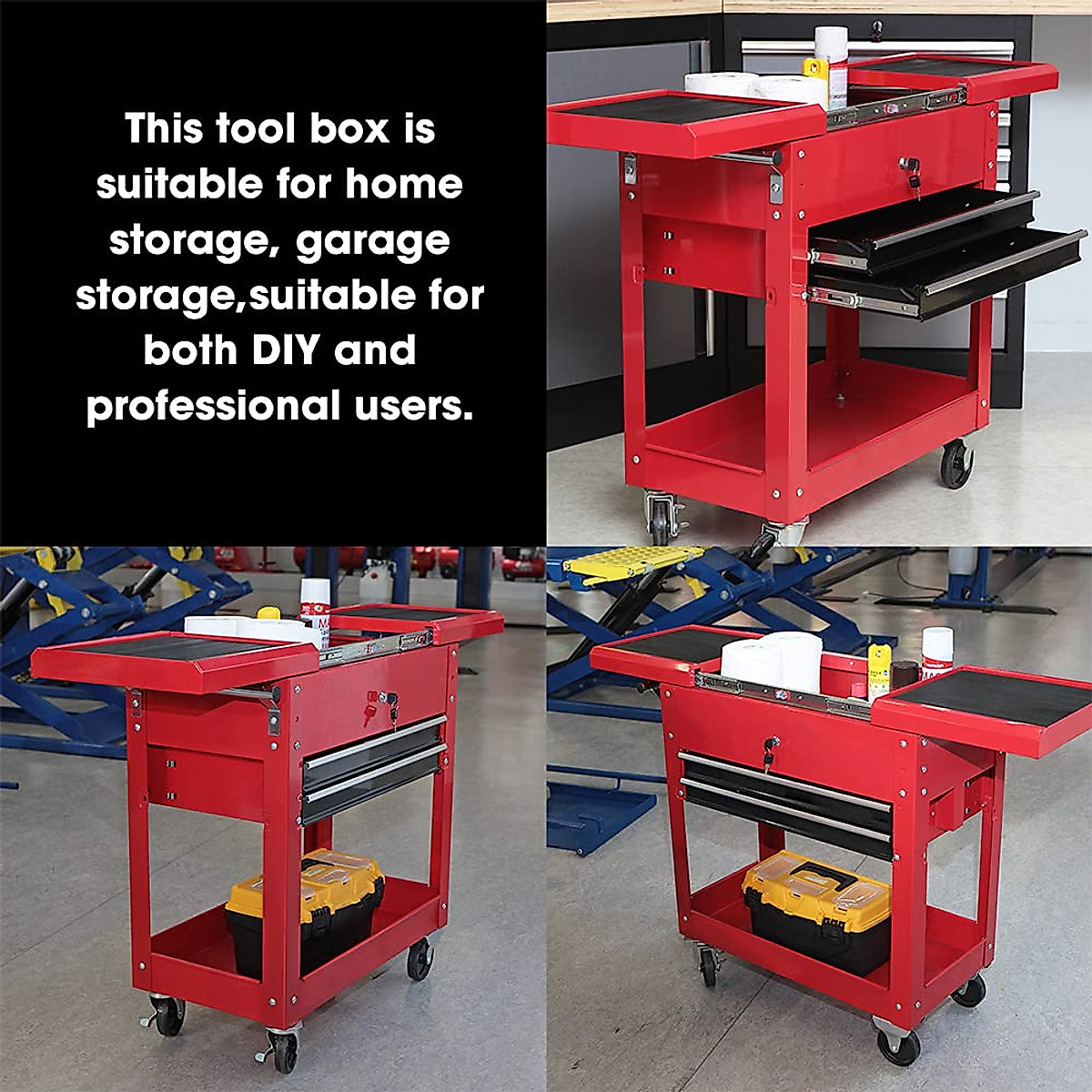 HPDMC Steel Tool Service Utility Push Cart with Lockable Drawers & Sliding Top, 27.8" L x 14.6" W x 32.7" H, 212 lbs Loading Capacity, 2-Drawer Garage Workshop Rolling Storage Tool Chest