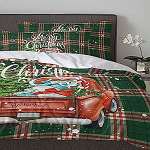 APABUCHER Queen Comforter Cover Set - Soft and Breathable Bedding Sets, Buffalo Plaid Merry Christmas Red Truck with Xmas Tree 3 Pieces Light Weight Bed Sets with 1 Duvet Cover and 2 Pillowcases