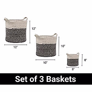 Super Area Rugs Farmhouse Plant Basket/Planter Multi Purpose Open Top Bin with Handles, Cotton Rope Basket, 8-inch, 10-inch and 12-inch Black & White