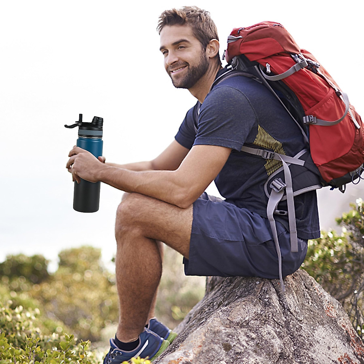 Kerilyn Insulated Water Bottle with Straw, Dual-use Lid, Stainless Steel Sports Water Bottle, For Cold & Hot Drinks Double Walled Insulated Thermos, Leakproof Vacuum Water Jug (24oz, blue-black)