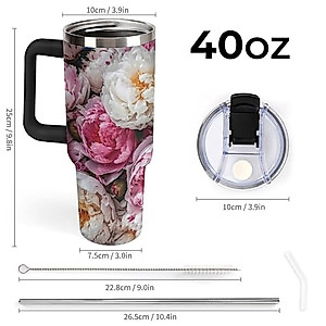 STVNKML 40 Oz Tumbler with Handle Peach And White Peonies Stainless Steel Coffee Mug Reusable Travel Mug Leak-proof Insulated Car Cup Large Capacity Tumbler for Travel, Outdoor, Home Use (Black)