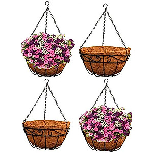 Ashman Metal Hanging Planter Basket with Coco Coir Liner Round Wire Plant Holder Chain Porch Decor Flower Pots Hanger Garden Decoration Indoor Outdoor Watering Hanging Baskets (4)