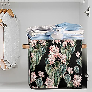 Large Collapsible Storage Bins,Cactus Floral Decorative Canvas Fabric Storage Boxes Organizer with Handles,Cube Square Baskets Bin for Home Shelves Closet Nursery Gifts