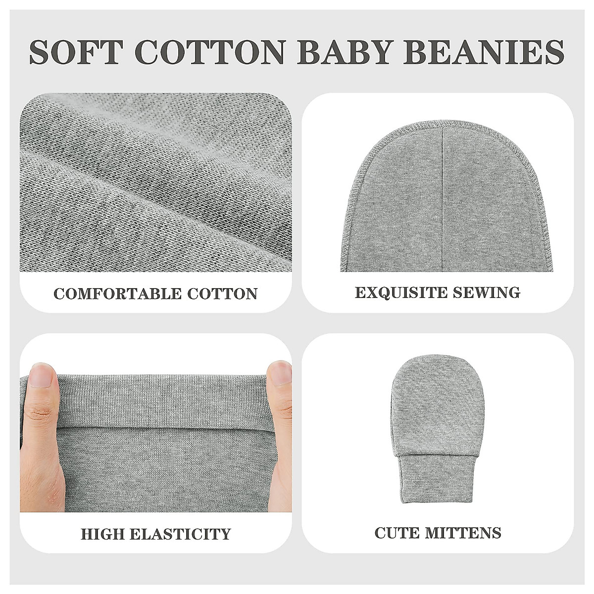 American Trends Baby Beanies for Boys Girls Newborn Infant Hat with Mittens Cute Cotton Hospital Hats for 0-6 Months 3 Pack Black & White & Gray