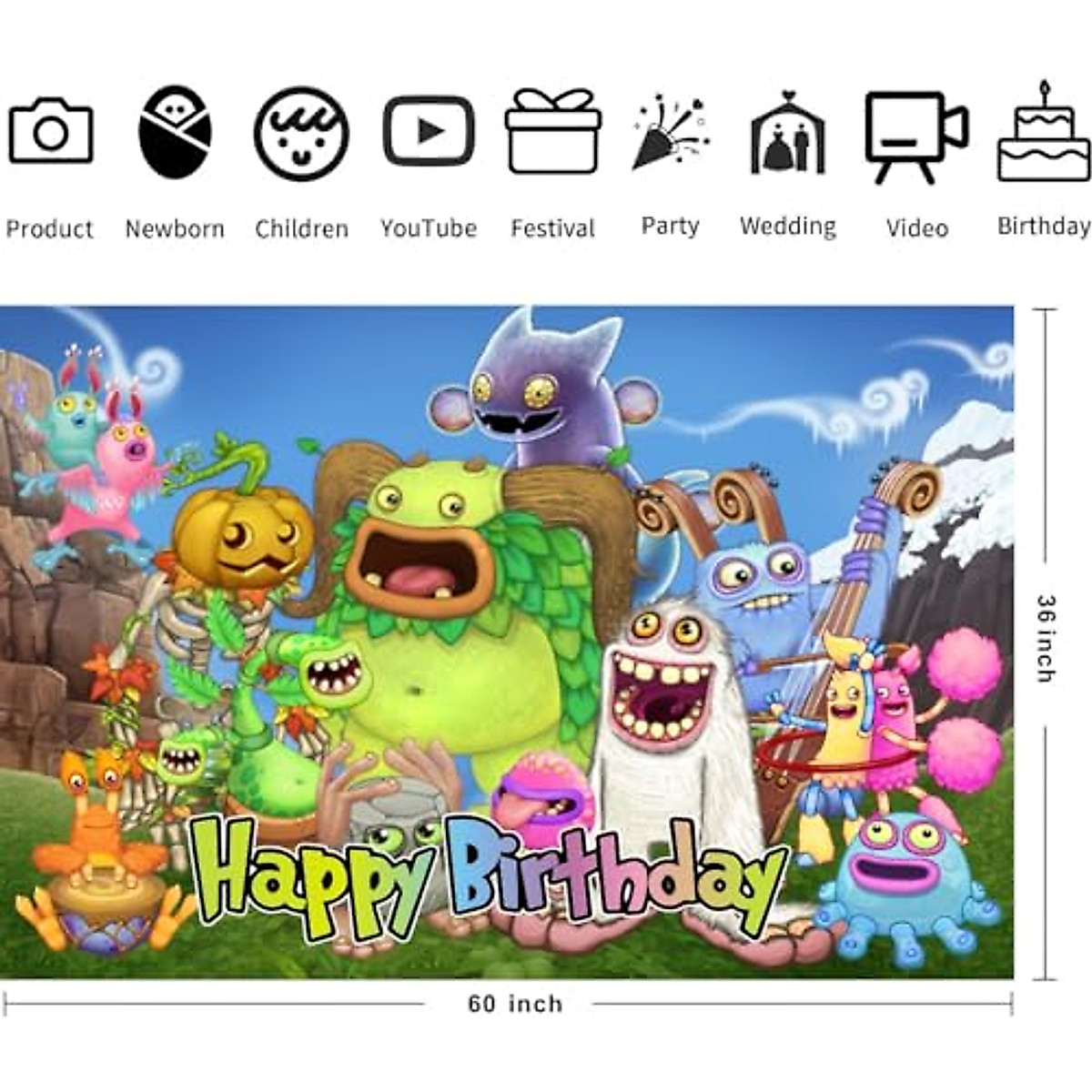 Singing Monsters Birthday Decorations, Singing Monsters Happy Birthday Banner Backdrop for Singing Monsters Birthday Party Supplies (5x3ft)