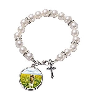 Custom Christian Charm Bracelets for Women Faith-Personalized Bracelets for Women with Picture-Engraved Cross Bracelet for Women Beaded Grandma Mother Daughter Easter Adjustable (White)