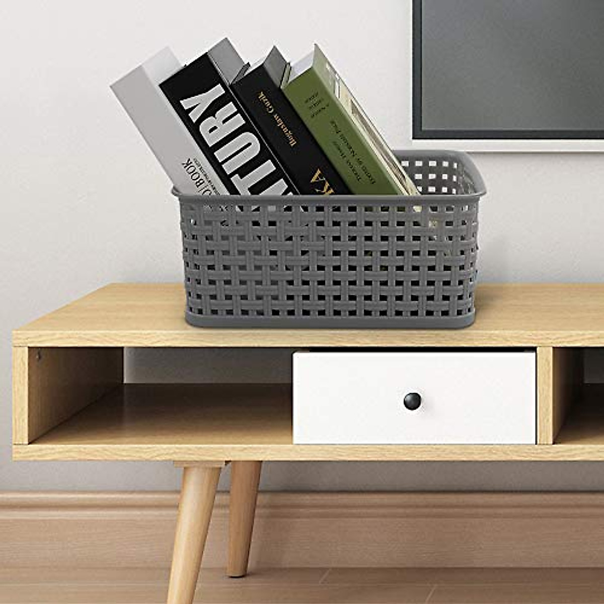 Readsky Small Woven Plastic Storage Baskets, Plastic Baskets for Shelves, Gray, Pack of 6