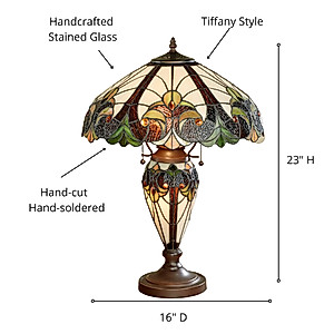 Touch of Class Clavillia Tiffany Style Stained Glass Table Lamp Hunter Green One Size - Lampshade with Nightlight - Art Nouveau Inspired Lamps for Desk, Bedside, Bedroom, Living Room
