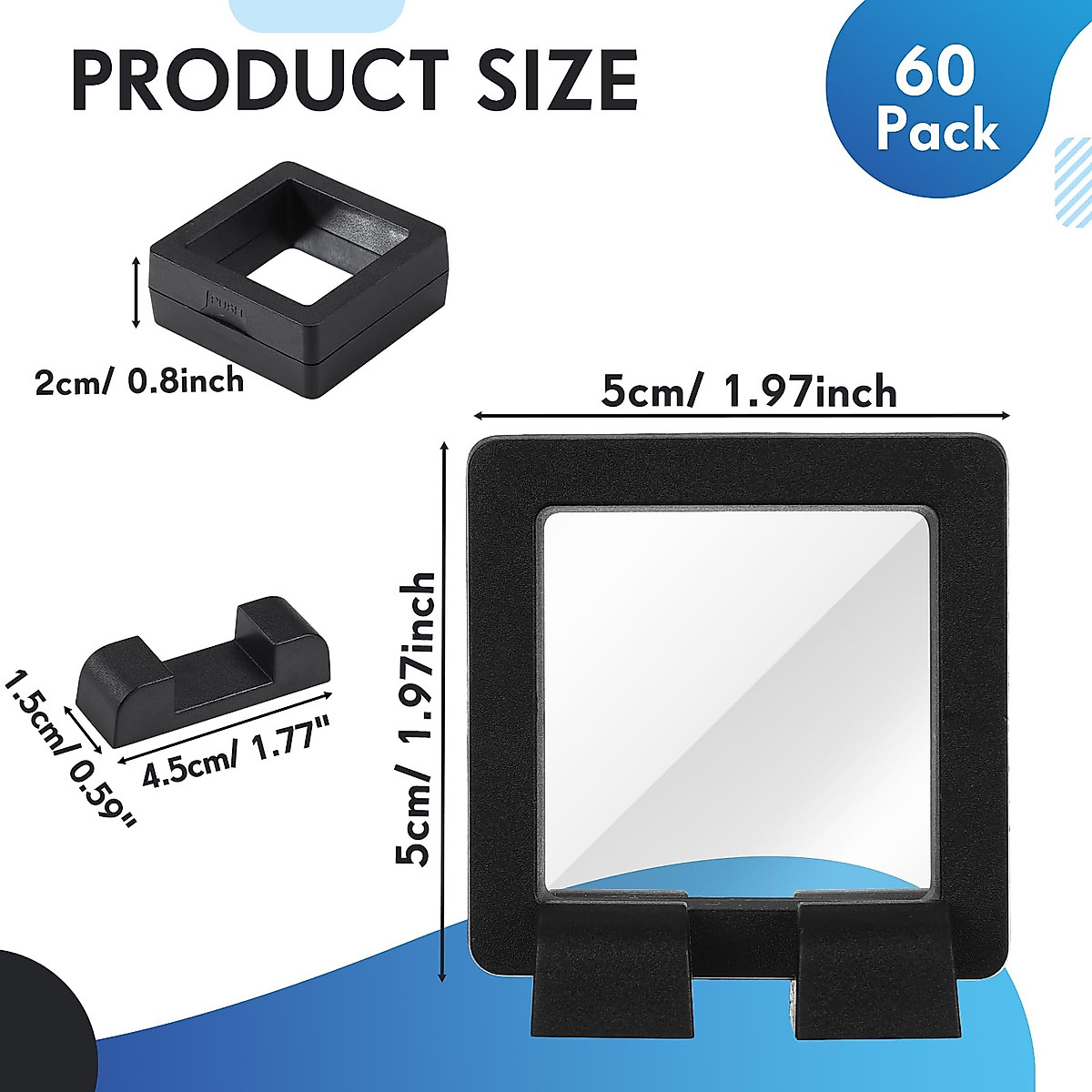 Tondiamo 60 Set 3D Floating Display Case Transparent PE Film Jewelry Storage Box Coins Frame Stand Holder for Guitar Pick Medallion Medals Gems Rocks Pins Chip (Black,4.33'' x 4.33'')