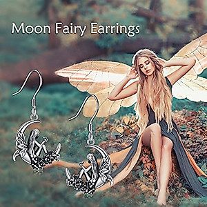 Fairy Earrings 925 Sterling Silver Elf Fairy on Moon Dangle Drop Earrings Jewelry Gifts for Women