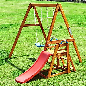 Kiriner Wooden Swing Set with Slide, Outdoor Playset Backyard Activity Playground Climb Swing Outdoor Play Structure for Toddlers, Ready to Assemble Wooden Swing-N-Slide Set Kids Climbers