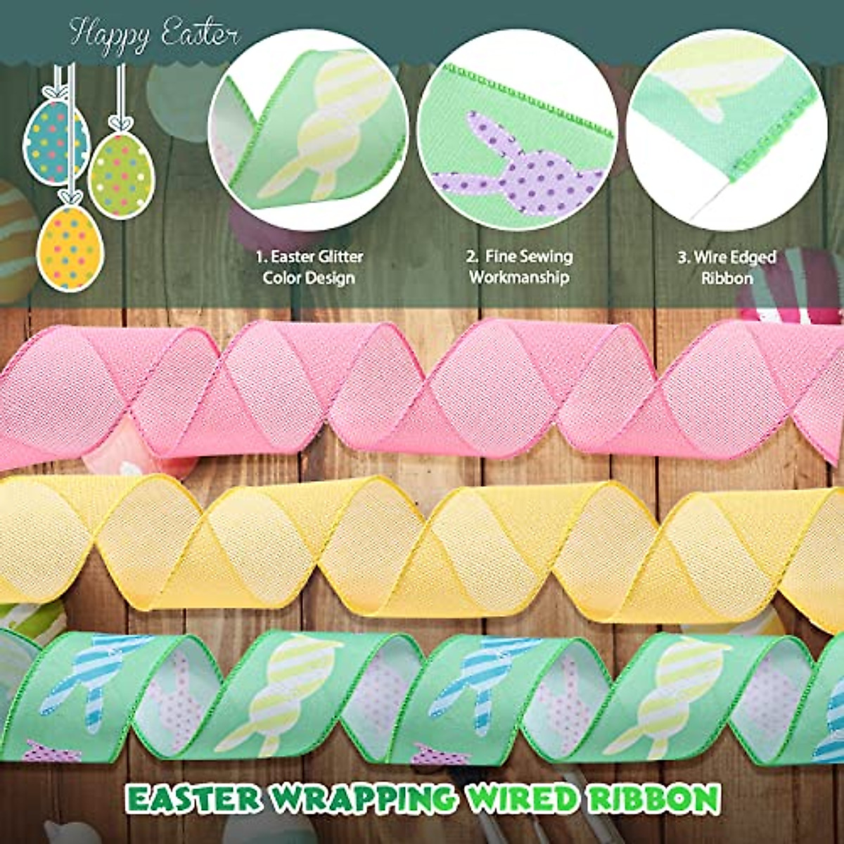 3 Rolls 30 Yards Easter Bunny Wired Edge Ribbons 2.5 Inch Decorative Wired Ribbons Easter Pastel Spring Fabric Ribbon Colorful Party Decorations for DIY Craft Wreath Gift, Pink, Yellow, Green