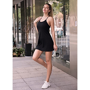Women's Tennis Dress, Workout Golf Dress Built-in with Bra & Shorts Pocket Sleeveless Athletic Dresses Black