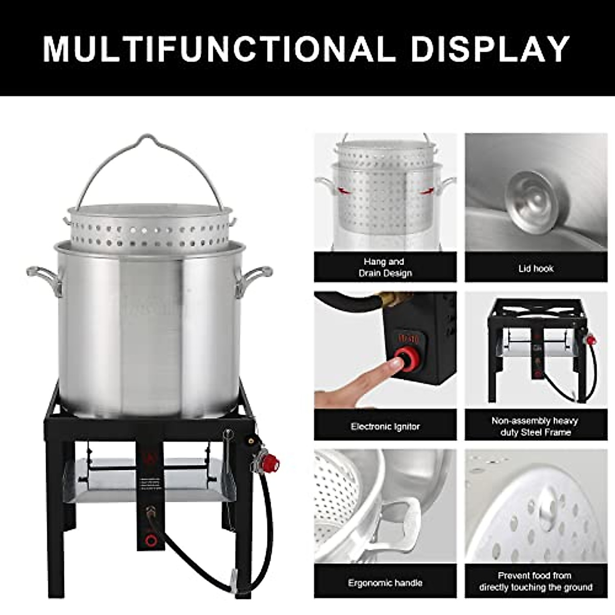 FEASTO 100QT Aluminum Boil Kit with Basket Perfect for Seafood Boiling and Steaming, Outdoor Propane Gas Cooker with Adjustable 0-10 PSI Regulator, Non-Assembly Frame Stand