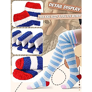 MOGGEI Womens Thigh High Fuzzy Socks Over Knee High Striped Stocking Stuffers Fluffy Cozy Slipper Fleece Gift Socks 2 Pairs (Blue & White Striped)