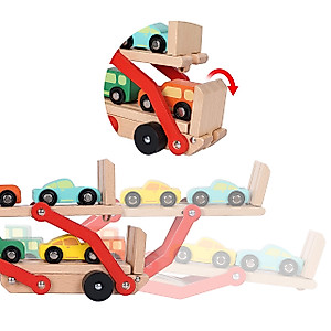 TOWO Wooden Car Transporter Toy Double Decker Trailer with 4 Cars ramp Racer - Wooden car Toy Truck Carrier for 3 Years Old Boys Vehicle Toys for Kids