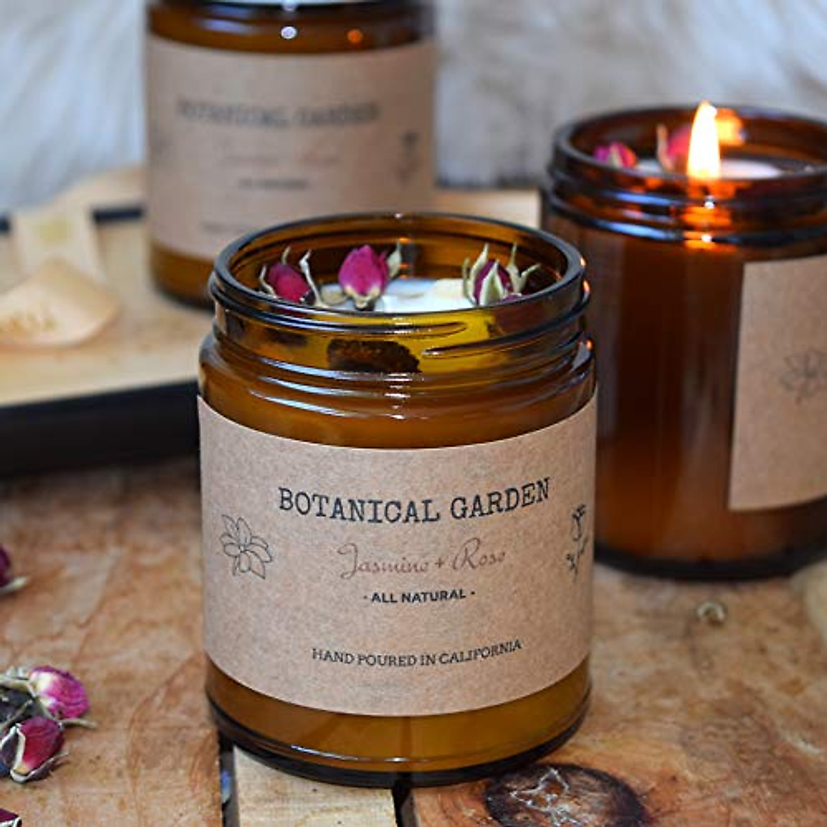 Organic Jasmine & Rose Scented Aromatherapy All-Natural Soy Candle | 100% Essential Oil | California Organic Dry Flower | Gift for Him or Her | Home Decor | Long Lasting - 9Oz. (Jasmine + Rose)