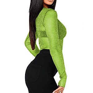 BelleLovin Women's Sheer Mesh Tops Long Sleeve Glitter Sexy Tops See Through Blouses (Neon Green, Small)