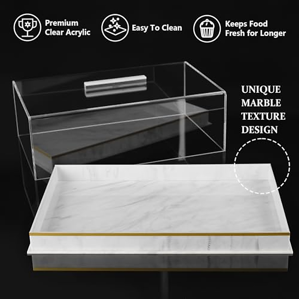 Acrylic Cake Tray with Lid, 15"x9"x4.7" Rectangle Cake Box, Dessert Holder Tray, Marble Cake Stand with Cover,Serving Tray with Lid for Party, Home and Kitchen,Veggie Tray, Fruit Bowl (White)