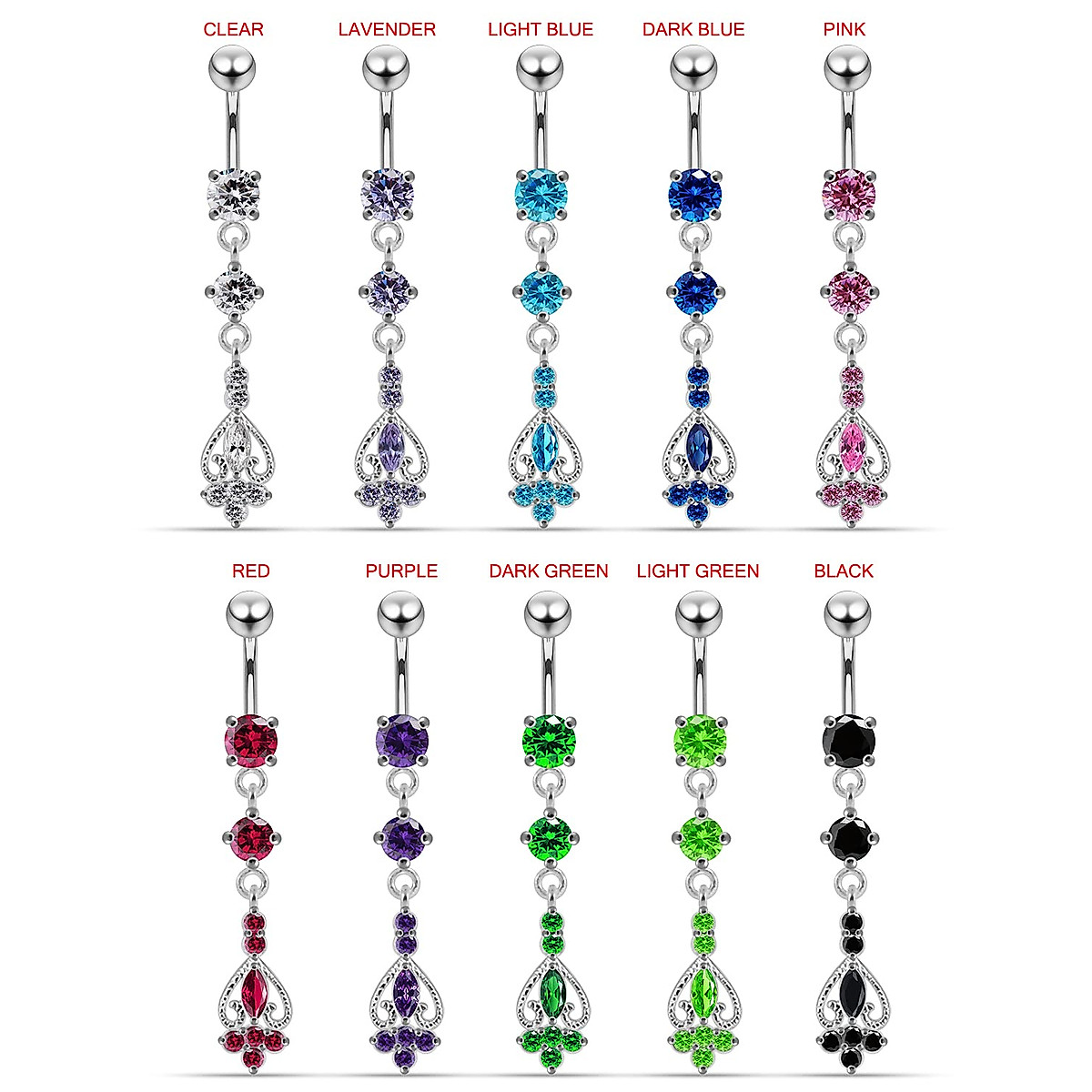 Red CZ Gemstone 2 Round with Filigree Flower Dangling 925 Sterling Silver Belly Ring Body Jewelry