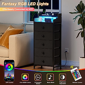 REAHOME Dresser for Bedroom with Charging Station and LED Lights, 5 Drawers Dresser Black Chest of Drawers with Shelves, Tall Night Stand with Sturdy Steel Frame & Wood Top for Bedroom - Black Grey