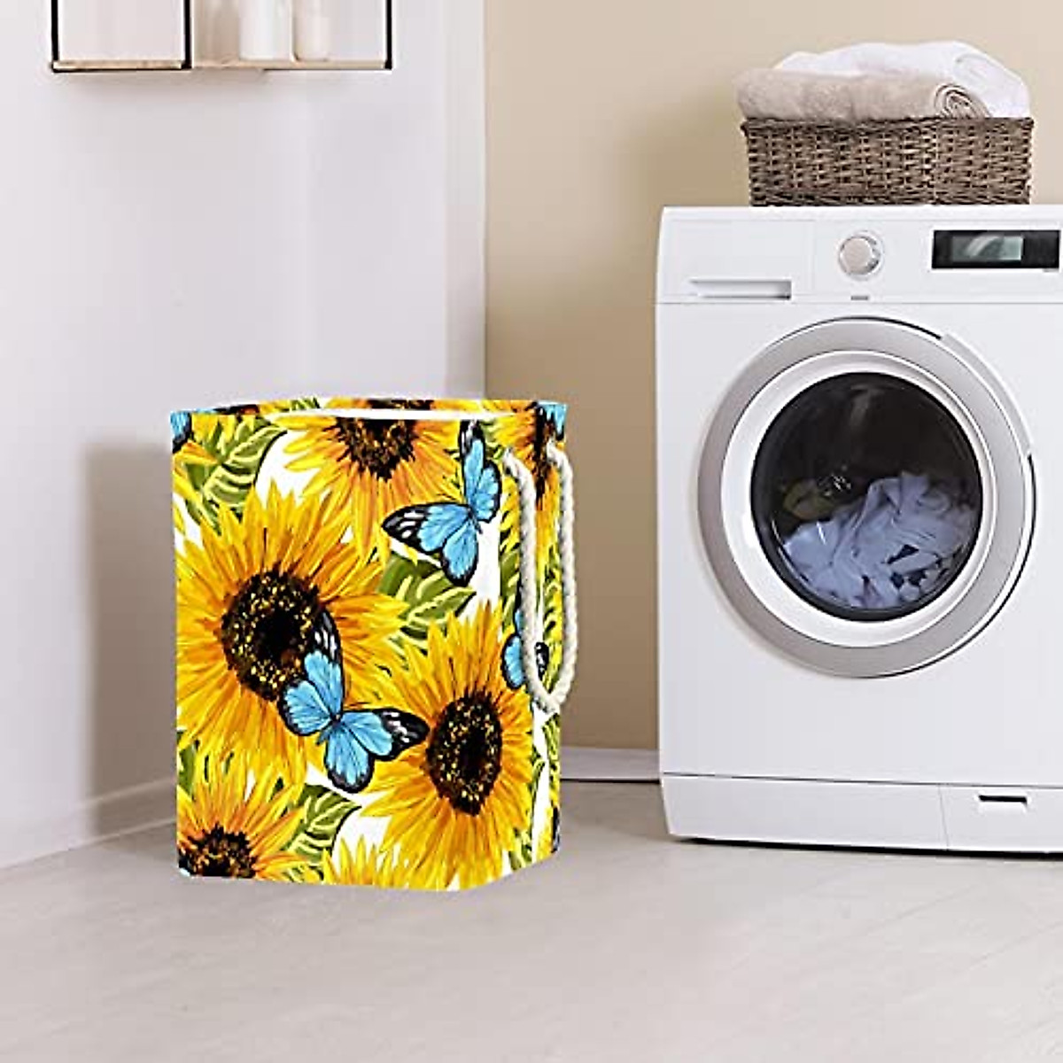 Inhomer Hand Painted Sunflowers Blue Butterfly Large Laundry Hamper Waterproof Collapsible Clothes Hamper Basket for Clothing Toy Organizer, Home Decor for Bedroom Bathroom