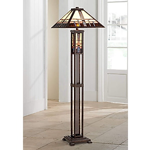 Robert Louis Tiffany Mission Southwest Tiffany Style Standing Floor Lamp with Night Light Art Deco 60.5" Tall Oiled Bronze Copper Stained Glass Shade Decor for Living Room Reading House Bedroom