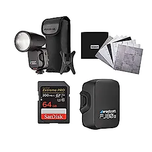 Westcott FJ80 II S Touchscreen 80Ws Speedlight with Sony Camera Mount Bundle with Lithium Polymer Battery, Photography Backdrop Boards, and Extreme PRO 200MB/s 64 GB SDXC UHS-I Memory Card (4 Items)