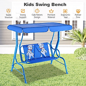 HONEY JOY Kids Patio Swing, 2-Seater Outdoor Porch Swing Lounge Chair W/Canopy & Safety Belt, All Weather Resistant Waterproof Hanging Swing Bench for Patio Garden Poolside Balcony(Blue Puppy)