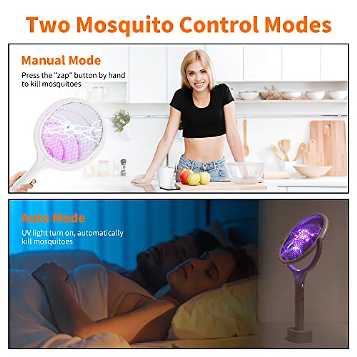 Dailytop Electric Fly Swatter, Rotatable Indoor Bug Zapper Racket, USB-C Rechargeable Mosquito Killer, 3500V High-Voltage Mosquito Zapper with UV Light, Standing Base, and Wall Mount