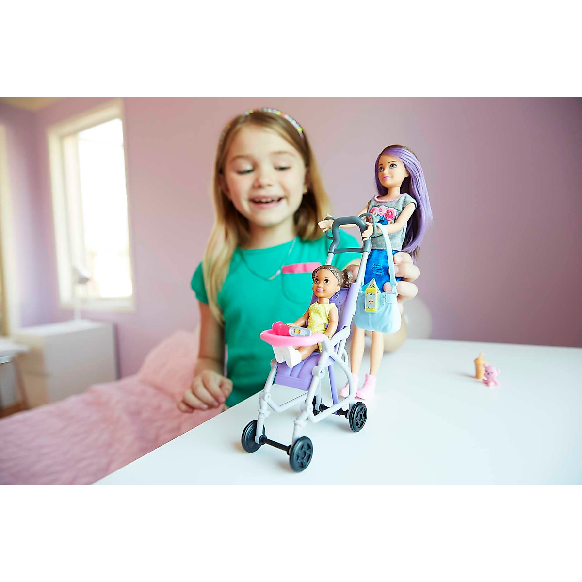 Barbie Skipper Babysitters Inc 2 Dolls & Accessories, Set with Brunette Skipper Doll, Small Doll & Bouncy Stroller (Amazon Exclusive)
