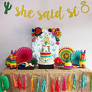 She Said Si Gold Glitter Banner Sign Garland Pre-strung & She Said Si Cake Topper for Final Fiesta Bachelorette Party Mexican Bridal Shower Decorations