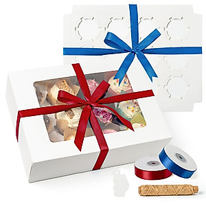 katbite Cupcake Boxes, 15-Set Cupcake Containers 12 Count, Food Grade Kraft Thick Cupcake Carrier Boxes with 2 Color Gift Ribbons, Twine, Cards and Inserts to Hold Cupcakes, Pastries and Cookies