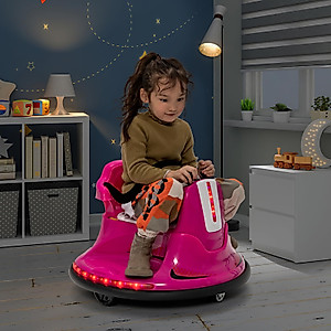 Costzon 12V Kids Ride On Bumper Car, Electric Bumper Car w/Dual Joysticks, Remote Control, 360° Spin, Slow Start Function, LED Lights & Fun Music, Adjustable Safety Belt, Soft Bumper (Pink)