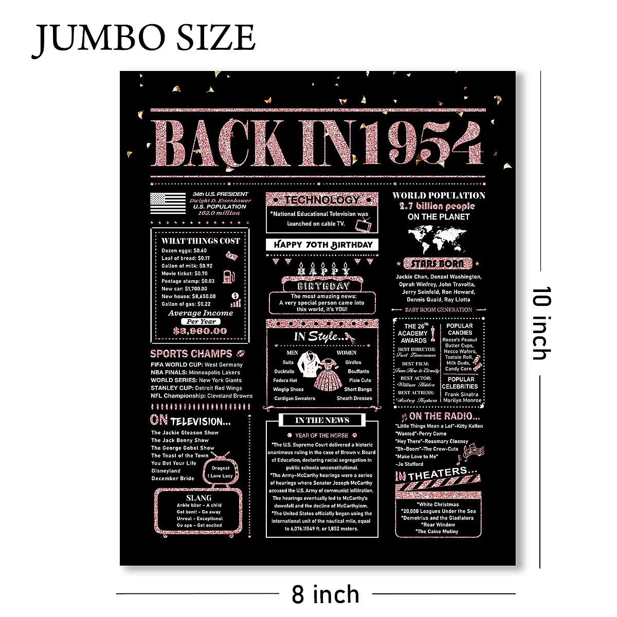 BGTCARDS 70th Birthday Card, 70th Birthday Decorations for Women, 70th Birthday Gifts for Mom, Jumbo Birthday Cards for 70 Year Old Aunt, Back in 1954 Birthday Card for Wife Sister Friend, Rose Gold