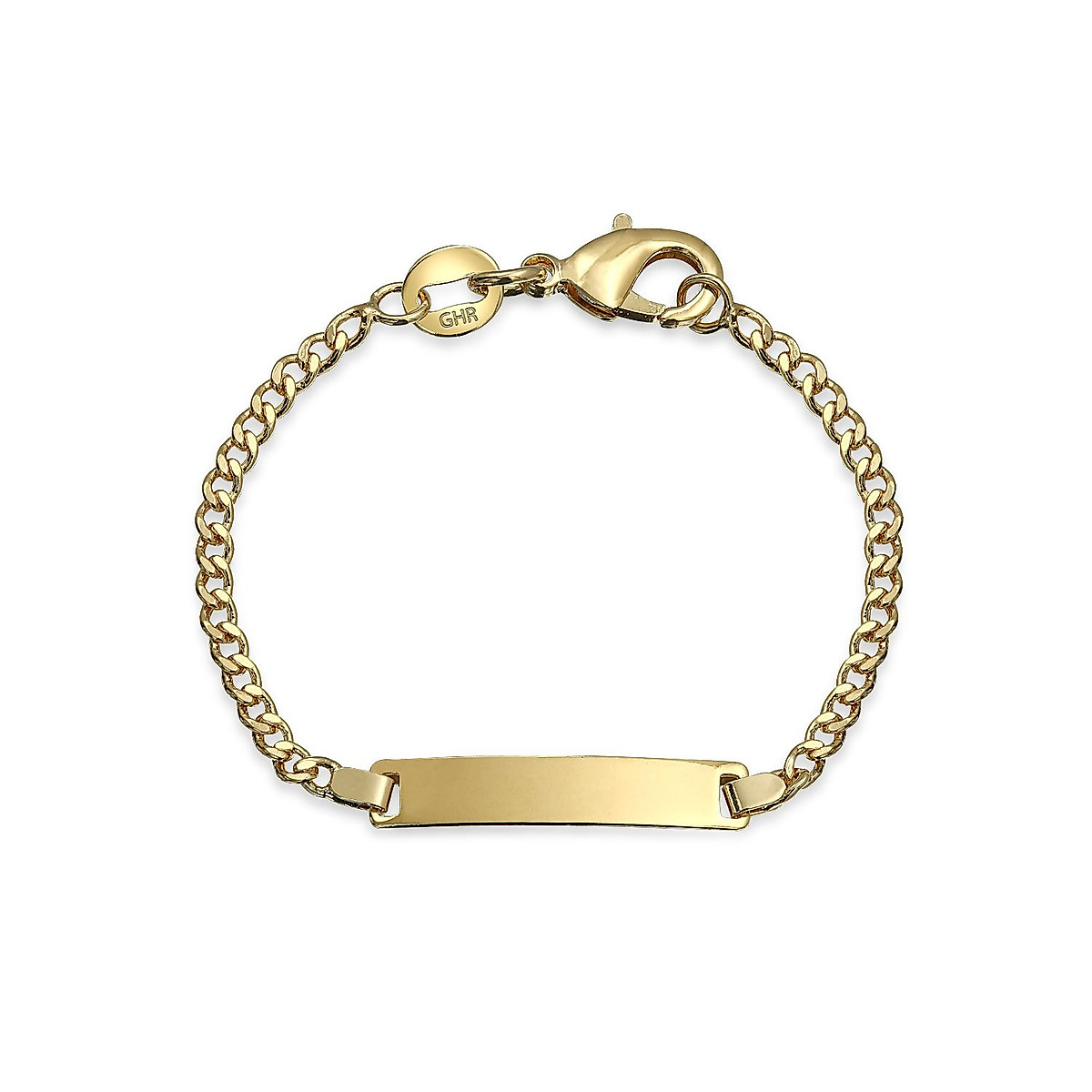 Bling Jewelry Personalized 18K Gold Plated Brass Tiny Identification Tag ID Bracelet Lightweight For Small Wrists 5 Inch Custom Engraved