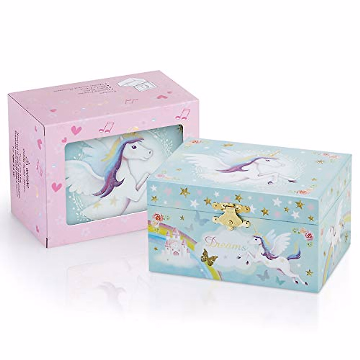 RR ROUND RICH DESIGN Musical Jewelry Glitter Storage Box and Jewelry Set for Little Girls with Spinning Unicorn and Rainbow - Blue Danube Tune Blue
