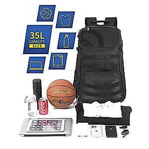 TRAILKICKER 40L Basketball Backpack Large with Ball Compartment and Shoe Pocket Outdoor Sports Equipment Bag for Basketball Soccer Volleyball Gym Swim Travel for Mens Black
