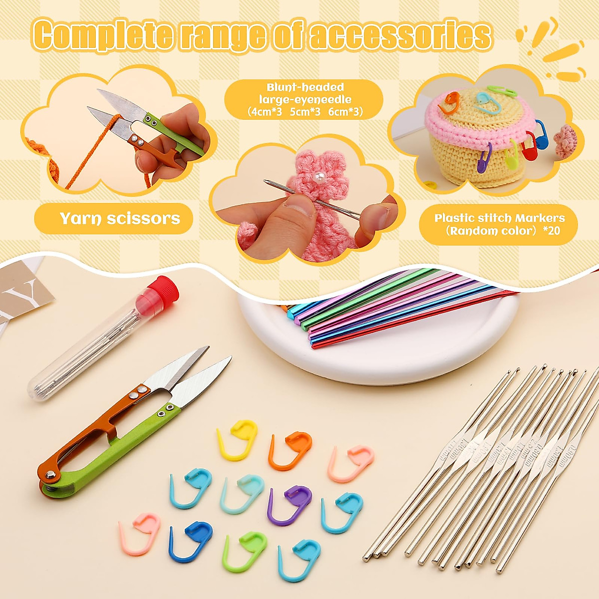 IMZAY 54 Pcs Crochet Needles Set, Crochet Hooks Kit with Storage Case, Ergonomic Knitting Needles Blunt Needles Stitch Marker DIY Hand Knitting Craft Art Tools for Beginners