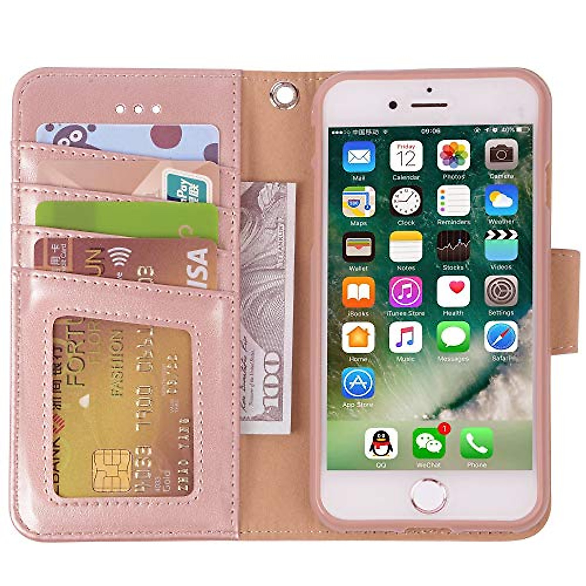 Arae Case for iPhone 7 / iPhone 8 / iPhone SE3 2022 / iPhone SE 2020, Premium PU Leather Wallet Case with Kickstand and Flip Cover, Rose Gold