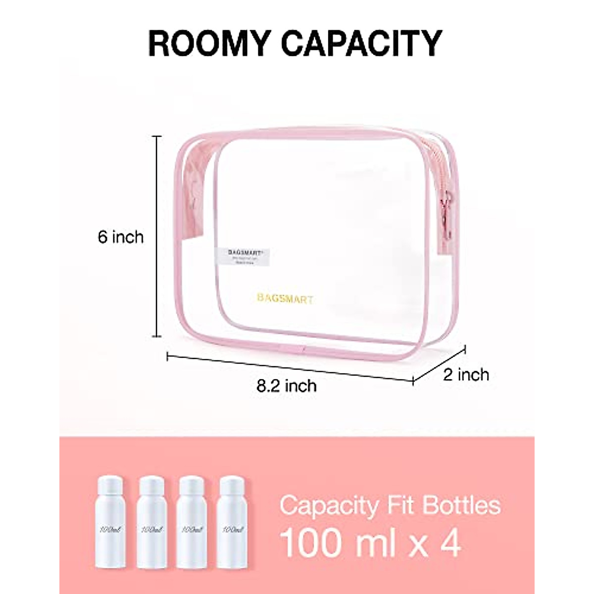 BAGSMART Clear Toiletry Bag, 3 Pack TSA Approved Travel Toiletry bag Carry on Travel Accessories Bag Airport Airline Quart Size Bags Water Repellent Makeup Cosmetic Bag for Women (Pink-3pcs)