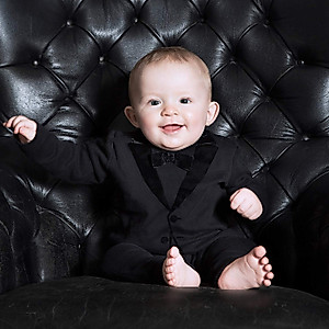 The Tiny Universe Tuxedo Onesie for Fancy Baby Boys, Body Suit with Satin Bow-Tie, Jumpsuit Gentleman Wedding Outfit (All Black, 80 / 12M)
