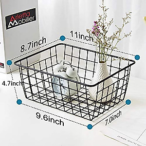 Wire Storage Baskets, 4 Pack Metal Household Organizer with 2 Pcs Fabric Liners, Refrigerator Bin with handles, for Pantry, Shelf, Freezer, Kitchen Cabinet, Bathroom, Countertop, Closets (Black)